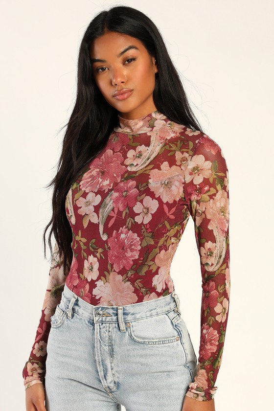 Burgundy Floral Print Top Long Sleeve Bodysuit Mock Neck Top Lulus