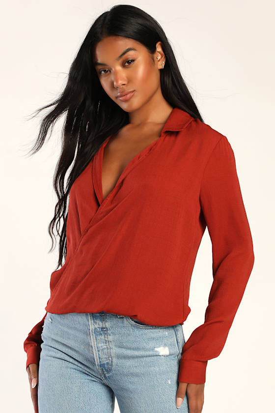 Rust Orange Top - Surplice Top - Surplice Blouse - Collared Top - Lulus