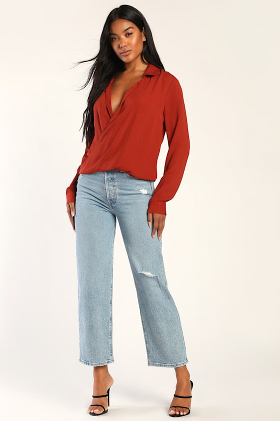 Rust Orange Top - Surplice Top - Surplice Blouse - Collared Top - Lulus