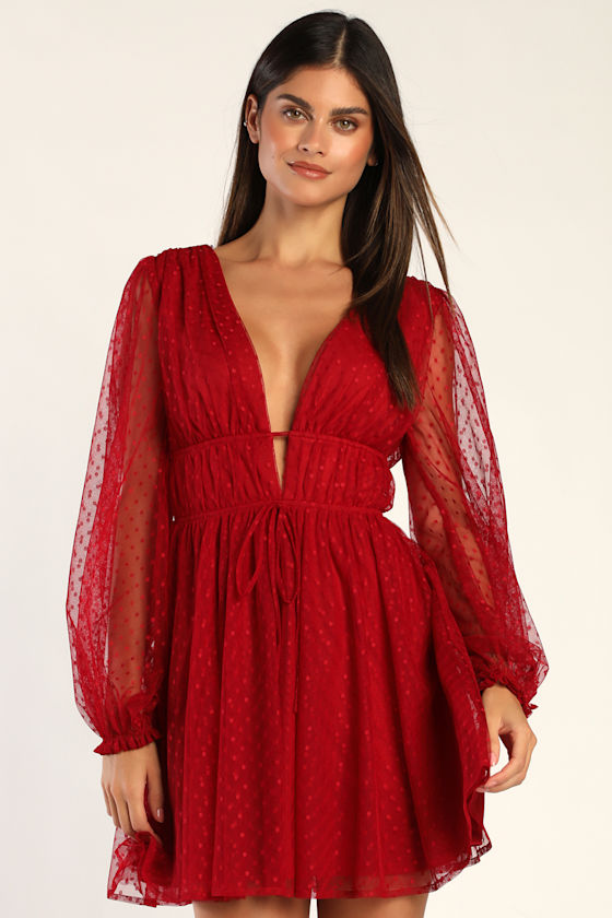 Wine Red Mini Dress - Swiss Dot Dress - Tulle Mini Dress - Lulus