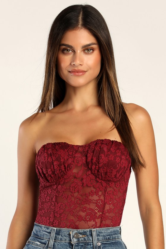 Burgundy Lace Bodysuit Strapless Bodysuit Bustier Bodysuit Lulus