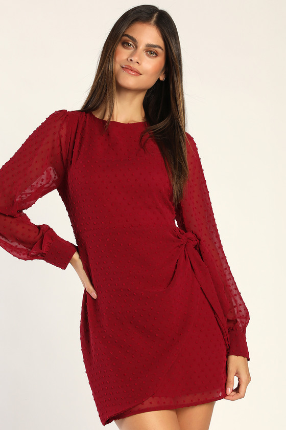 Cute Wine Red Dress Swiss Dot Dress Tie Front Mini Dress Lulus