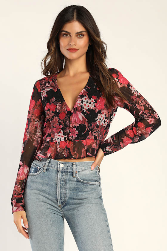 Black Floral Top - Long Sleeve Top - Lurex Top - Button-Up Top - Lulus