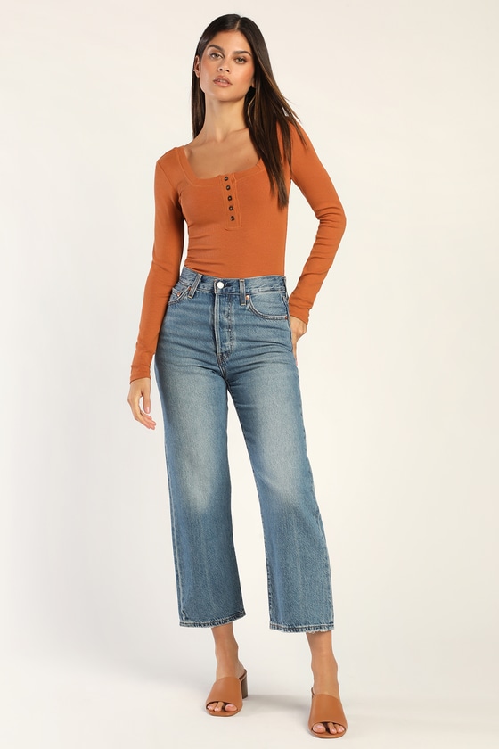 Rust Orange Top Henley Top Long Sleeve Top Scoop Neck Top Lulus