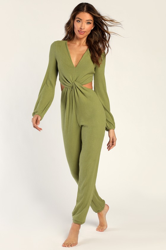 Green Lounge Jumpsuit Long Sleeve Jumpsuit Cutout Jumpsuit Lulus