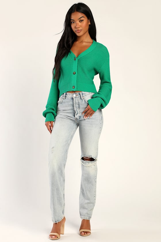 Green Knit Cardigan - Button-Front Sweater - Cropped Cardigan - Lulus