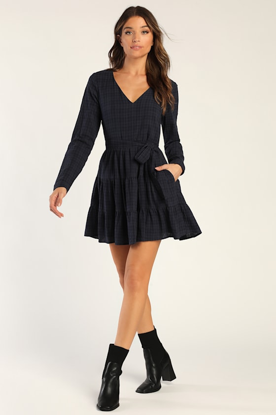 Blue Mini Dress - Plaid Mini Dress - Long Sleeve Mini Dress - Lulus
