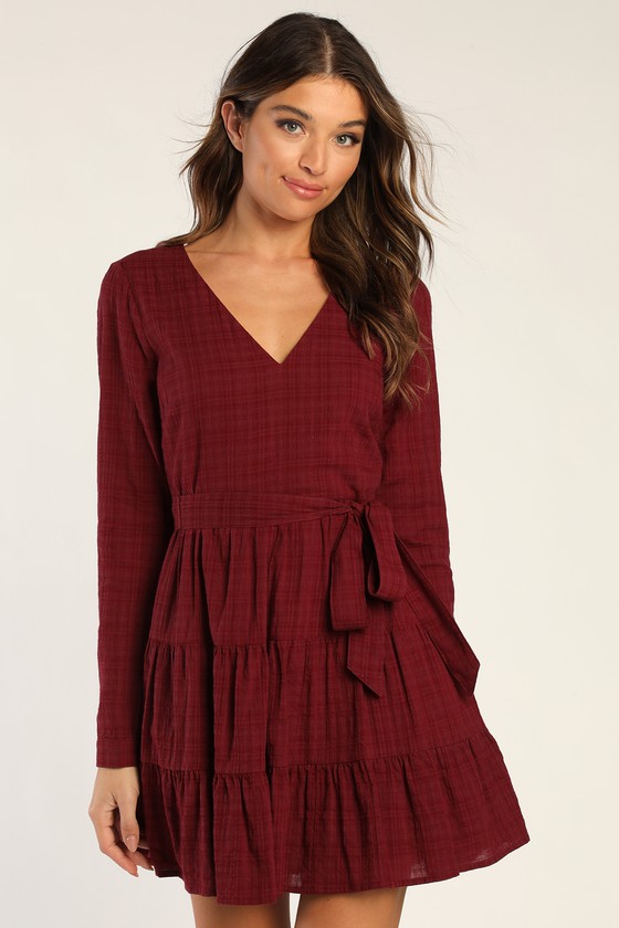 Red Tiered Mini Dress Plaid Mini Dress Long Sleeve Mini Dress Lulus