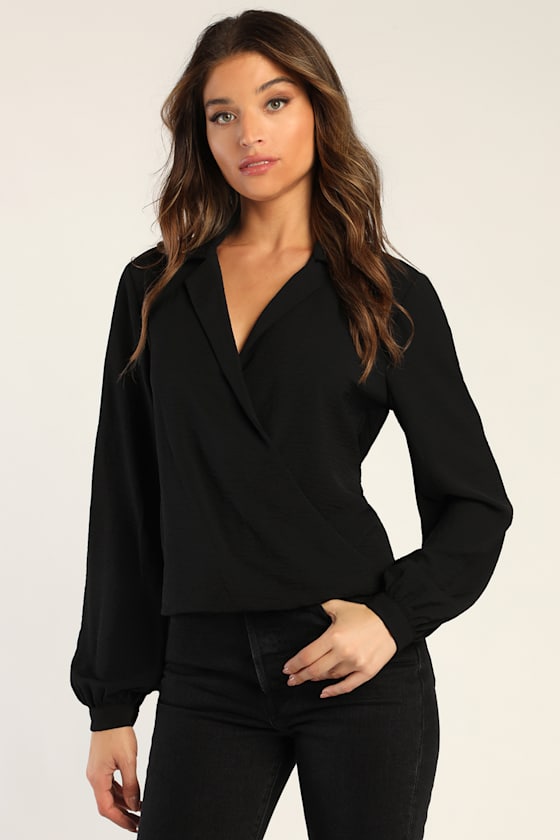 Black Surplice Top - Collared Surplice Top - Long Sleeve Top - Lulus