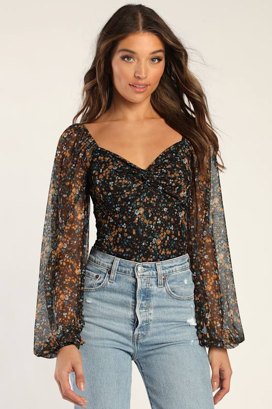 Black Floral Bodysuit - Knot-Front Bodysuit - Long Sleeve Top - Lulus