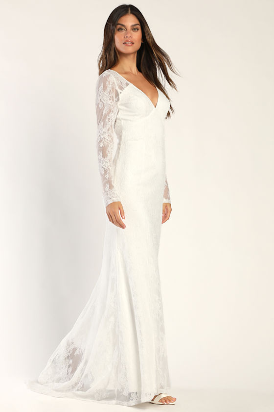 White Maxi Gown Long Sleeve Maxi Dress Lace Bridal Gown Lulus