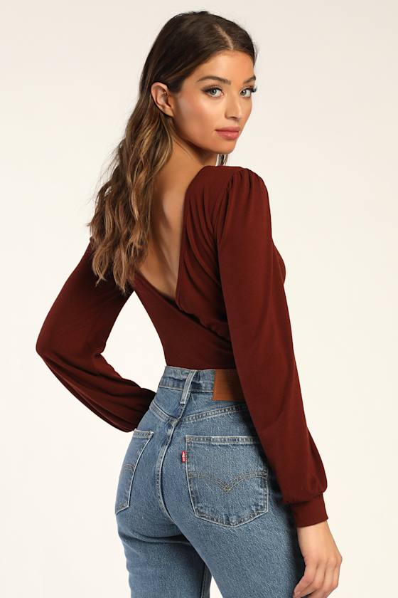 Brown Bodysuit - Balloon Sleeve Bodysuit - Surplice Back Top - Lulus
