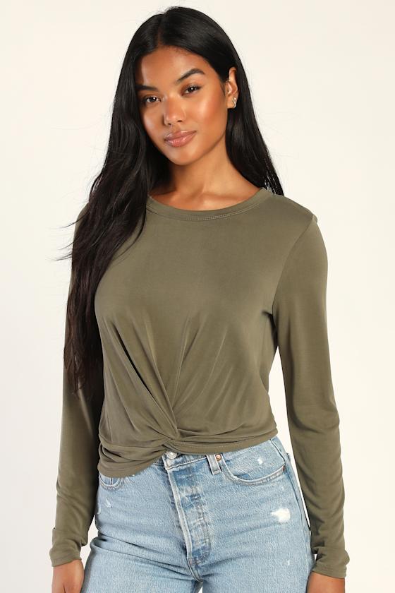 Olive Green Top - Knotted-Front Top - Green Long Sleeve Top - Lulus