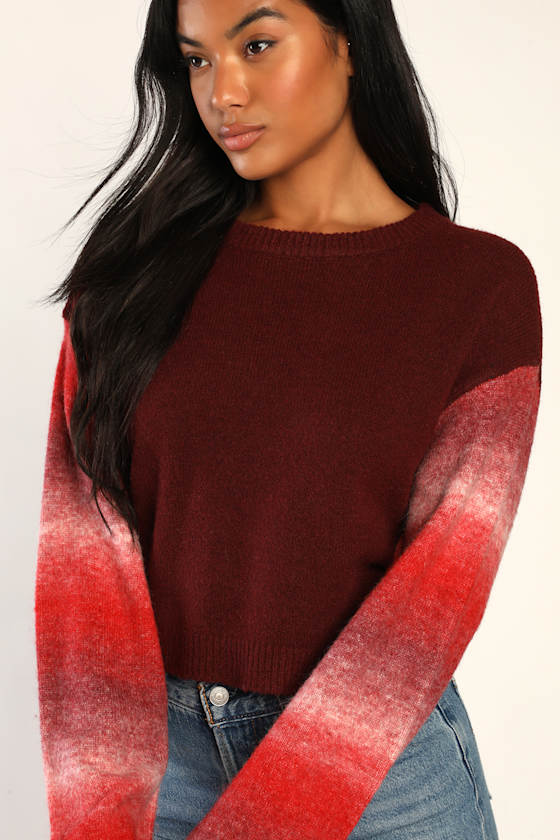Burgundy Color Block - Cropped Pullover Sweater - Multi Sweater - Lulus