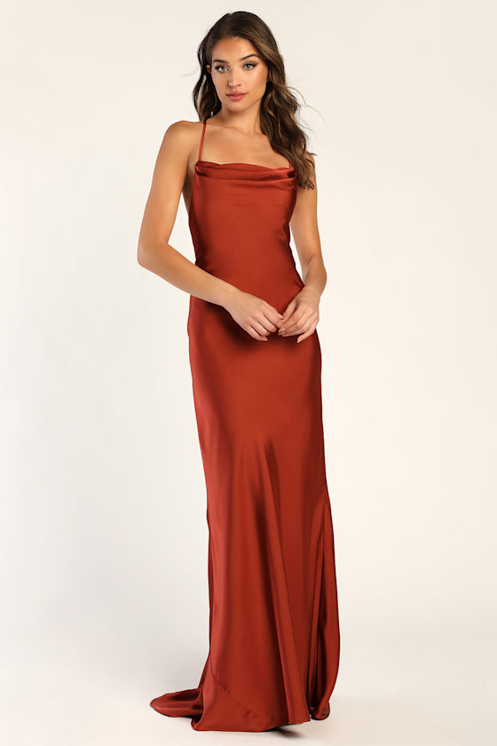 Rust Brown Maxi Dress - Satin Maxi Dress- Cowl Neck Maxi Dress - Lulus
