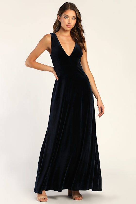Navy Blue Maxi Dress - Velvet Maxi Dress - Plunge Dress - Lulus