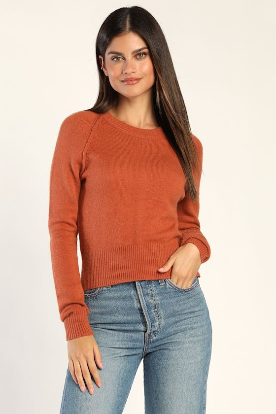 Rust Orange Sweater - Notched Sweater - Pullover Knit Sweater - Lulus