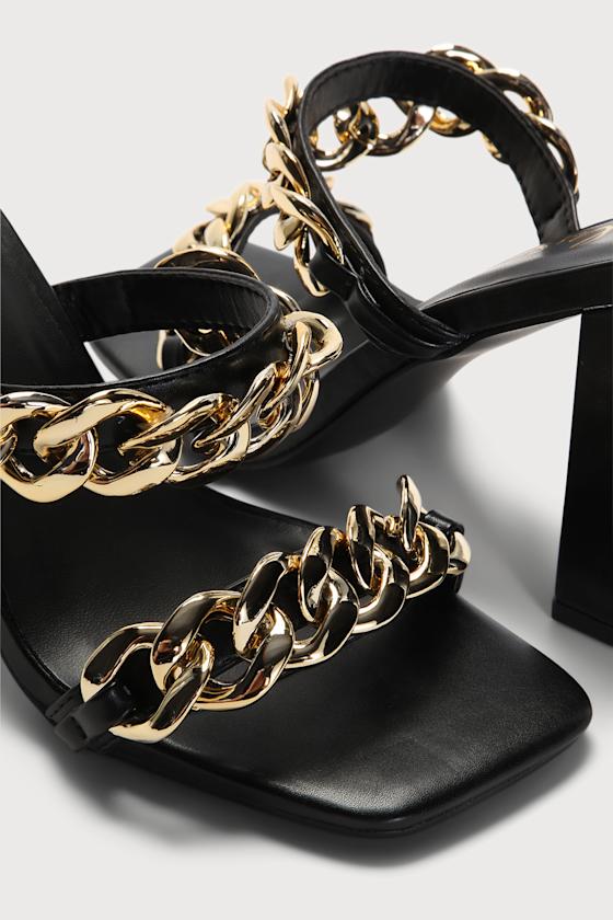 Black Chain High Heels - Block Heel Sandals - Slide Sandals - Lulus