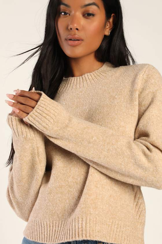 Beige Heather Sweater - Ribbed Knit Sweater - Pullover Sweater - Lulus
