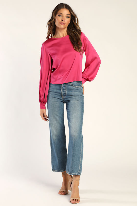 Hot Pink Satin Top - Long Sleeve Blouse - Chic Satin Blouse - Lulus