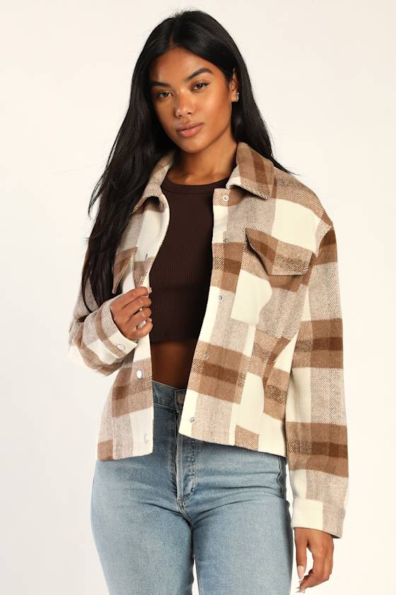 Ivory and Brown Shacket - Cropped Plaid Jacket - Plaid Jacket - Lulus