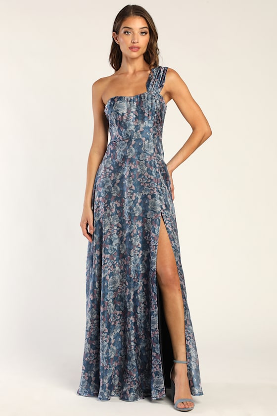 Blue Floral Print Dress - One-Shoulder Dress - A-Line Maxi Dress - Lulus