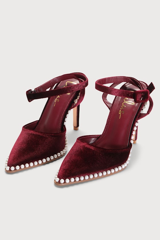 Red Velvet High Heels - Pointed-Toe Pumps - Faux Pearl Pumps - Lulus