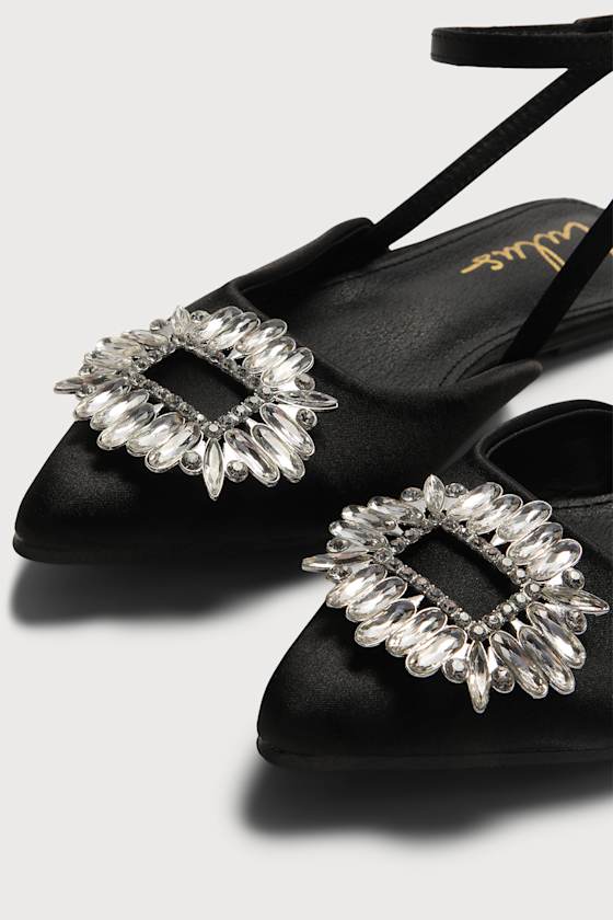 Satin Ankle Strap Flats - Black Satin Flats - Rhinestone Flats - Lulus