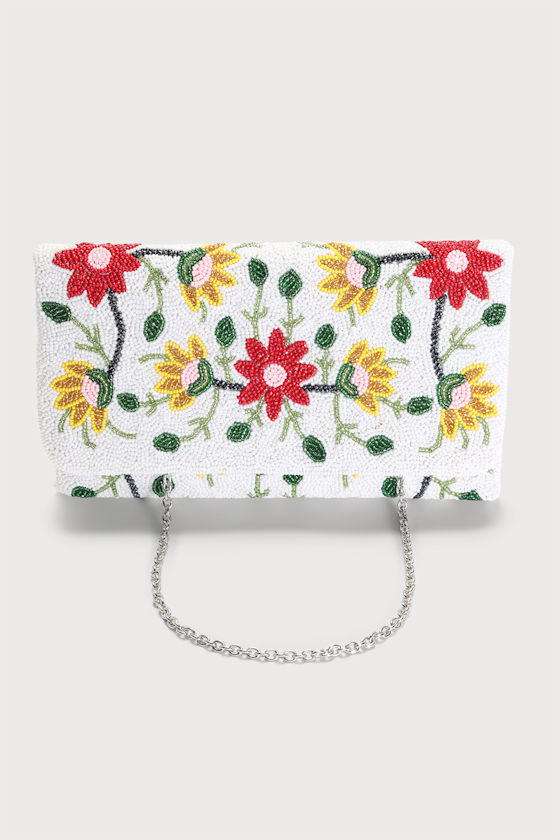 White Multi Colored Clutch - Floral Clutch - Beaded Clutch - Lulus