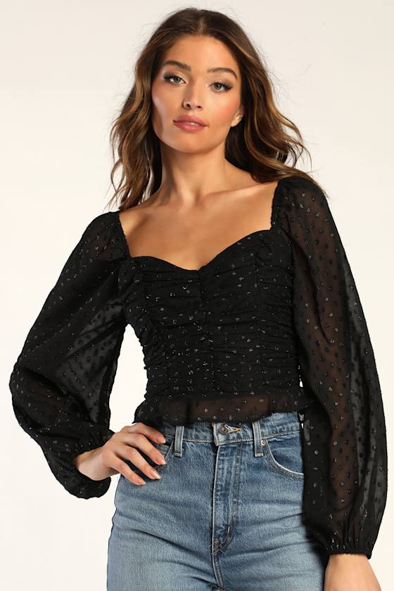 Black Ruched Top - Clip Dot Top - Balloon Sleeve Top - Ruched Top - Lulus