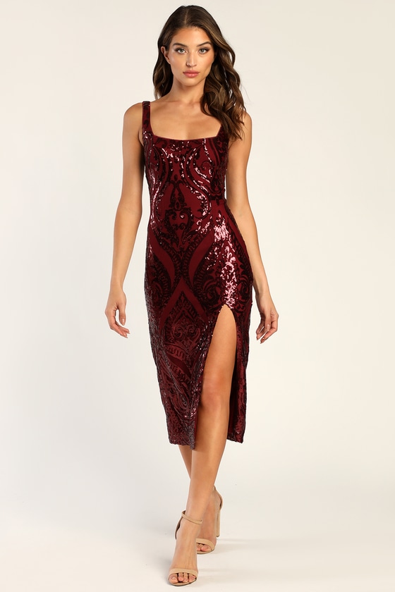 Burgundy Sequin Dress Bodycon Midi Dress Square Neck Dress Lulus