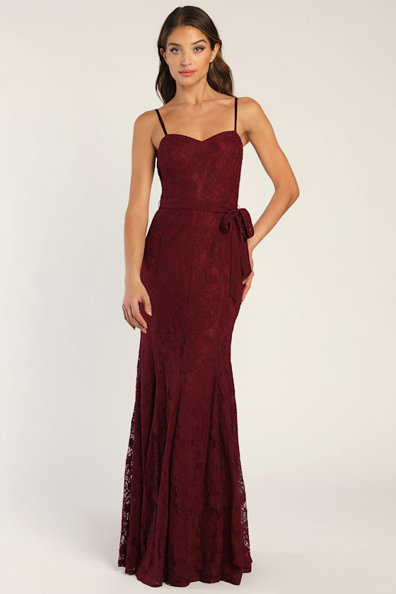 Burgundy Lace Maxi Dress - Mermaid Maxi Dress - Belted Maxi Dress - Lulus