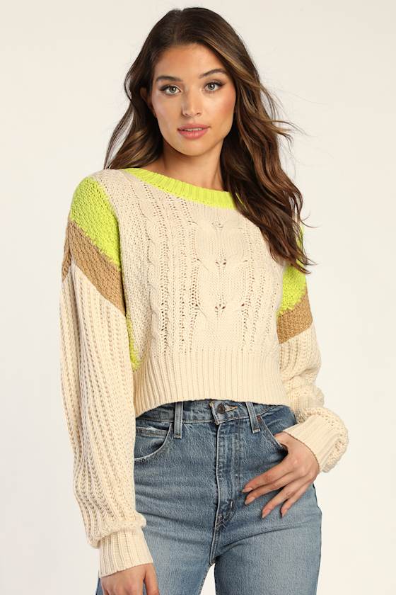 Cream and Lime Sweater - Cropped Pullover - Cable Knit Sweater - Lulus