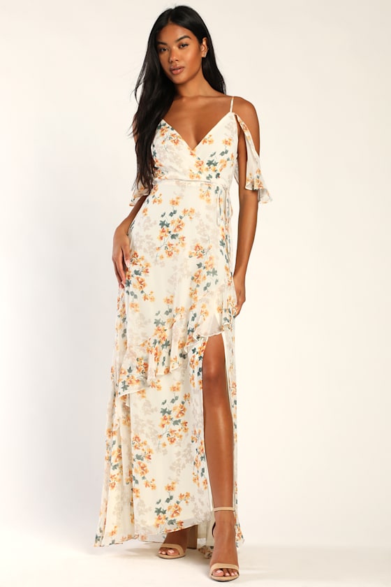 Lovely Cream Floral Print Dress - Ruffled Maxi Dress - Maxi Dress - Lulus