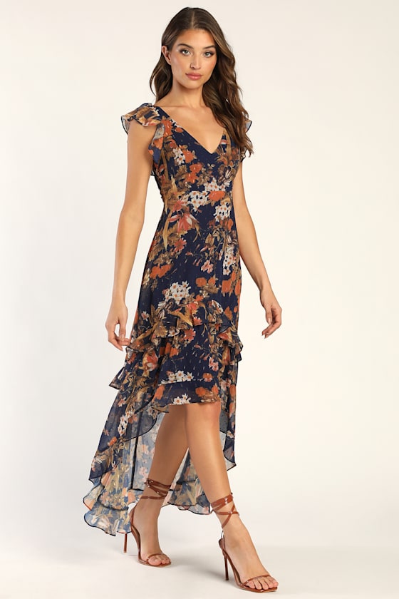 Navy Blue Floral Dress - High-Low Maxi Dress - Ruffled Dress - Lulus