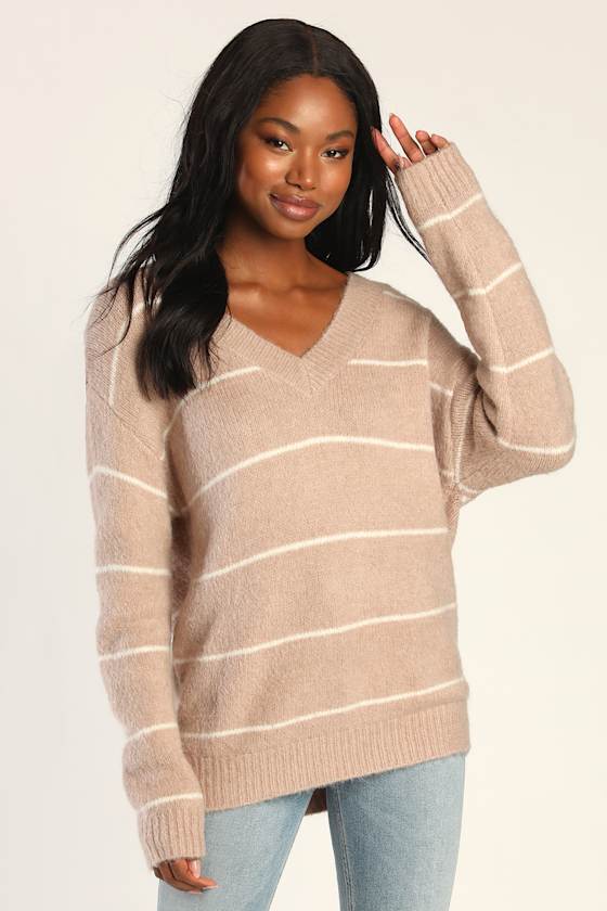 Taupe Striped Sweater - Oversized Sweater - V-Neck Sweater - Lulus