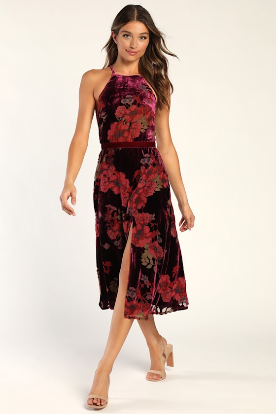 Burnout Floral Velvet Dress - Burgundy Midi Dress - Velvet Dress - Lulus