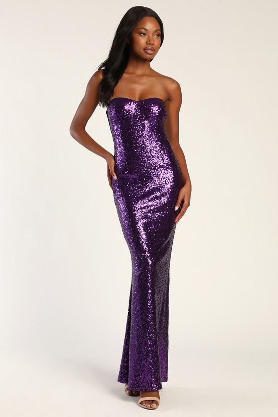 Purple Sequin Dress Strapless Mermaid Dress Cutout Maxi Dress Lulus