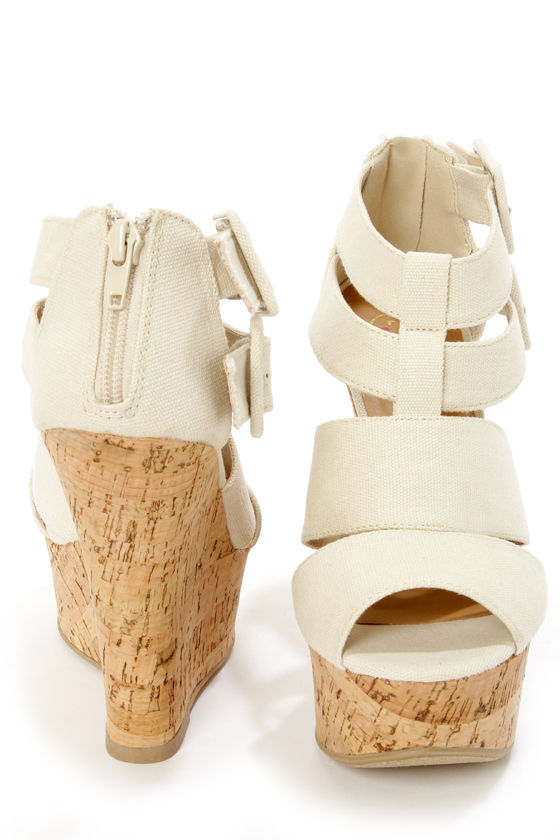 My Delicious Result Beige Caged Peep Toe Platform Wedges - $32.00