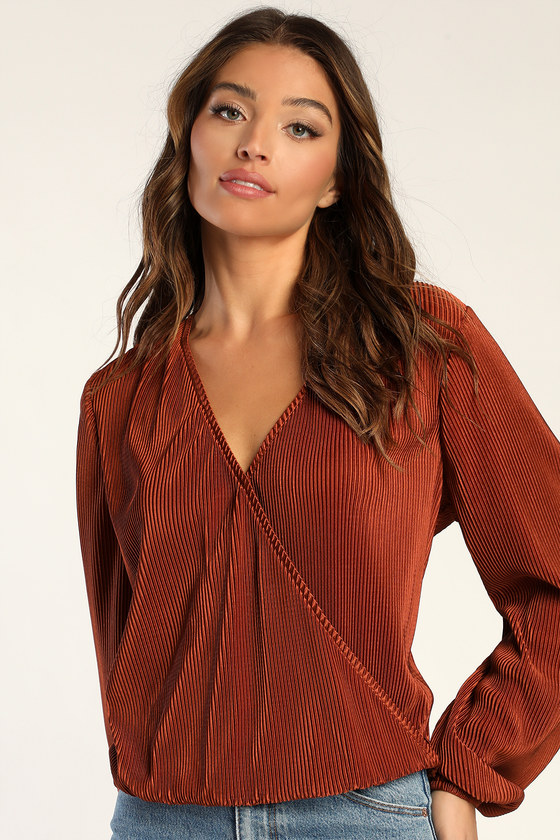 Rust Orange Top Long Sleeve Top Plisse Long Sleeve Top Lulus