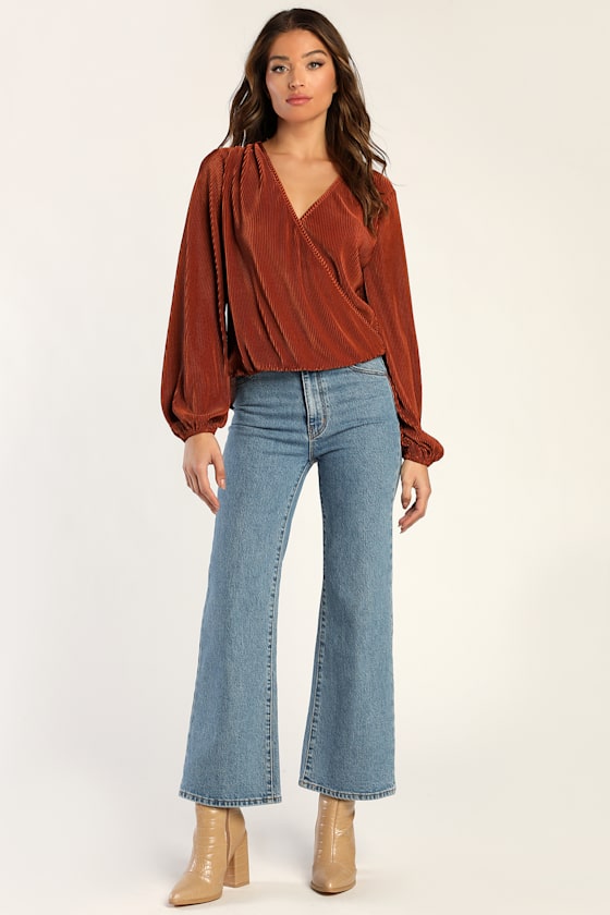 Rust Orange Top - Long Sleeve Top - Plisse Long Sleeve Top - Lulus