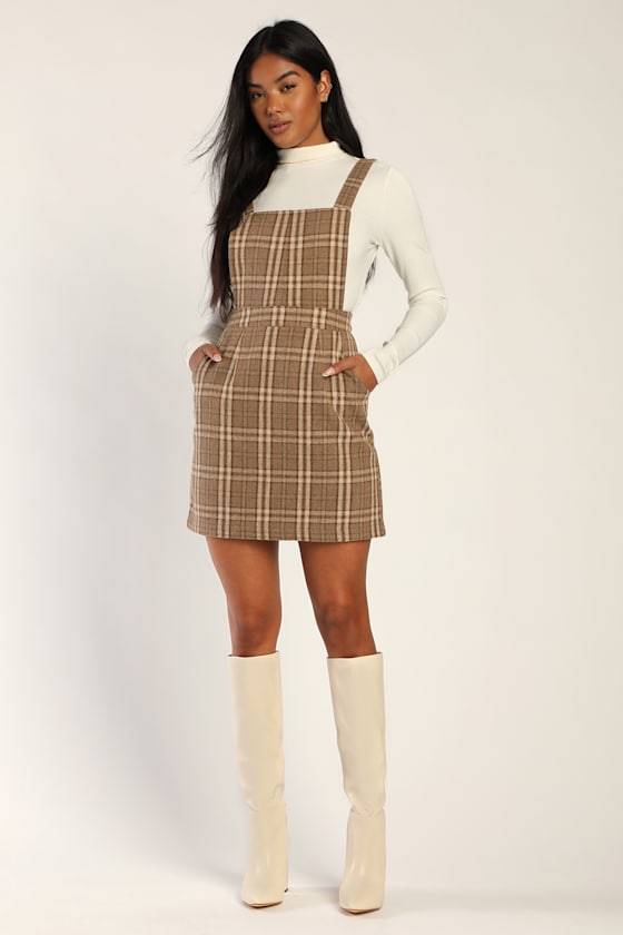 Brown Plaid Dress - Mini Pinafore Dress - Beige Plaid Pinafore - Lulus