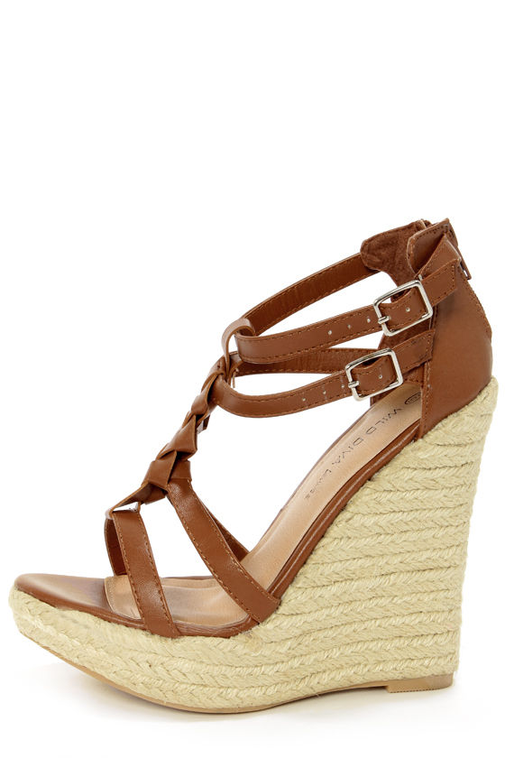 Wild Diva Lounge Madison 43 Cognac Braided Double T-Strap Wedges - $43. ...