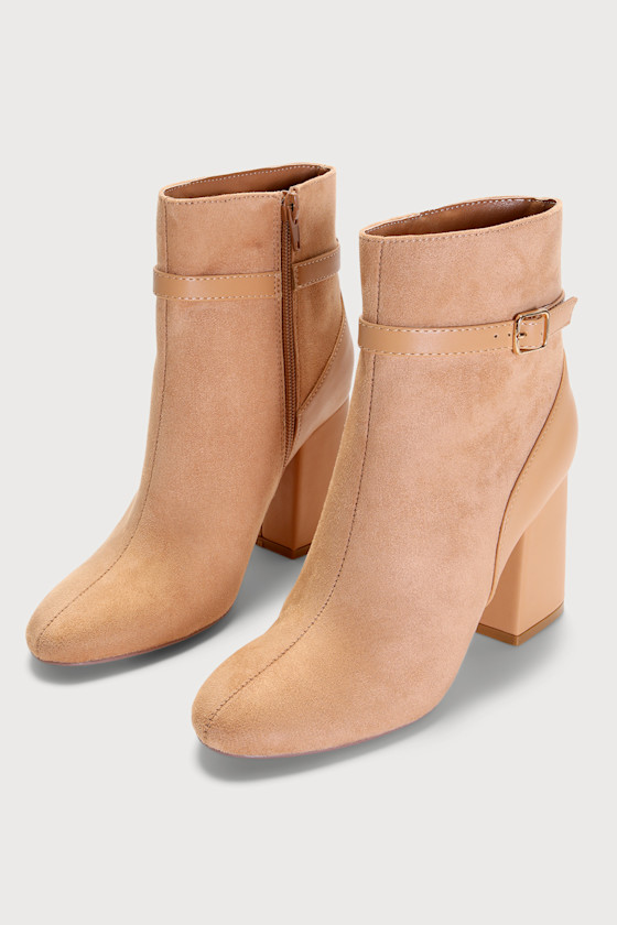 Faux Suede Camel Booties - Ankle Booties - Block Heel Boots - Lulus
