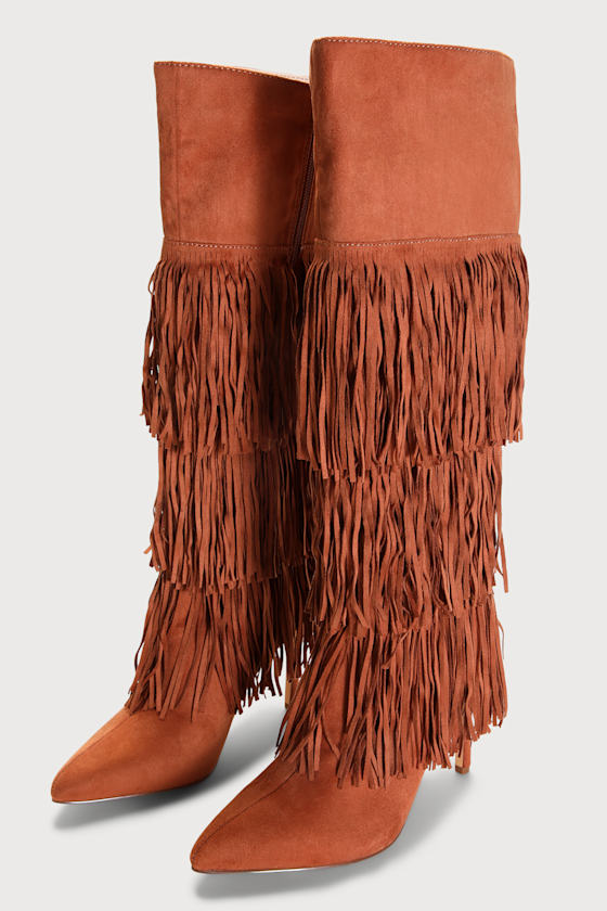 Brown Fringe Boots - Knee-High Boots - Brown Stiletto Heel Boots - Lulus