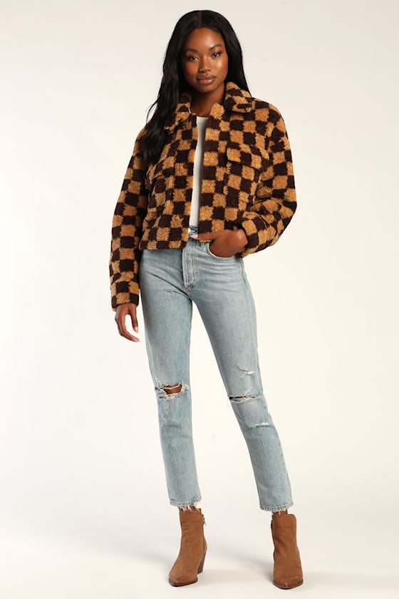 Tan and Brown Checkered Jacket - Cropped Jacket - Teddy Jacket - Lulus