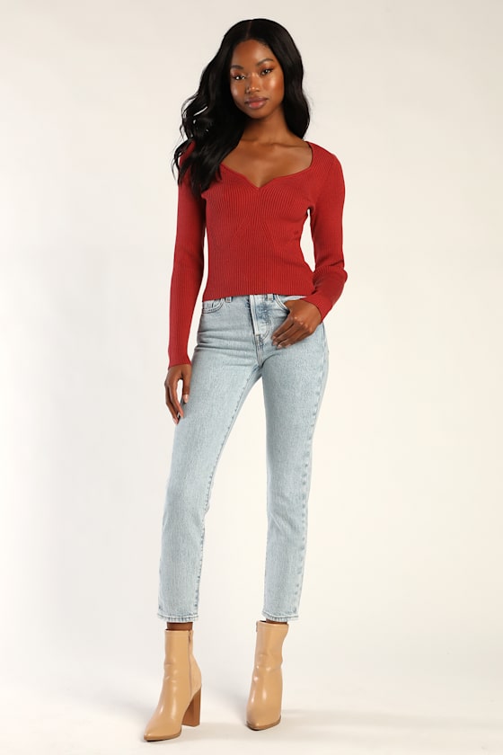 Ribbed Sweater Top - Red Ribbed Top - Notched Top - Sweater Top - Lulus
