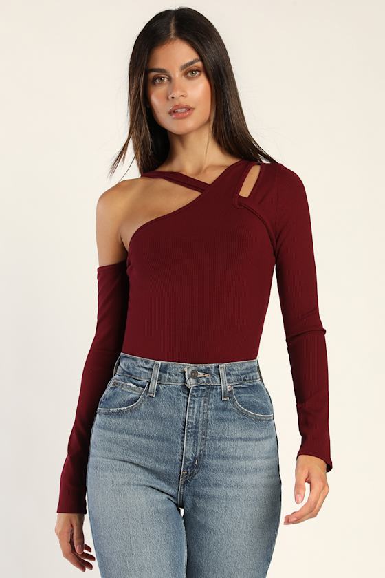 Burgundy Ribbed Bodysuit - Cutout Bodysuit - Long Sleeve Bodysuit - Lulus