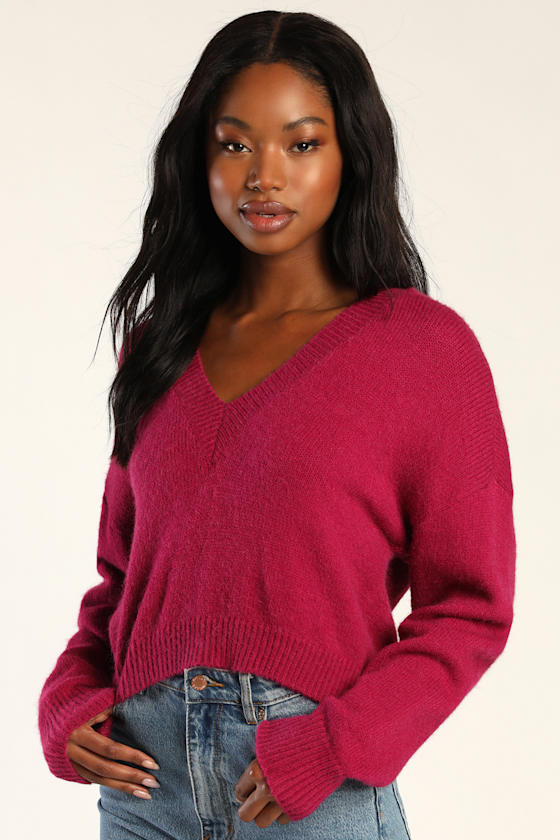 Magenta Sweater - Long Sleeve Sweater Top - V-Neck Sweater - Lulus