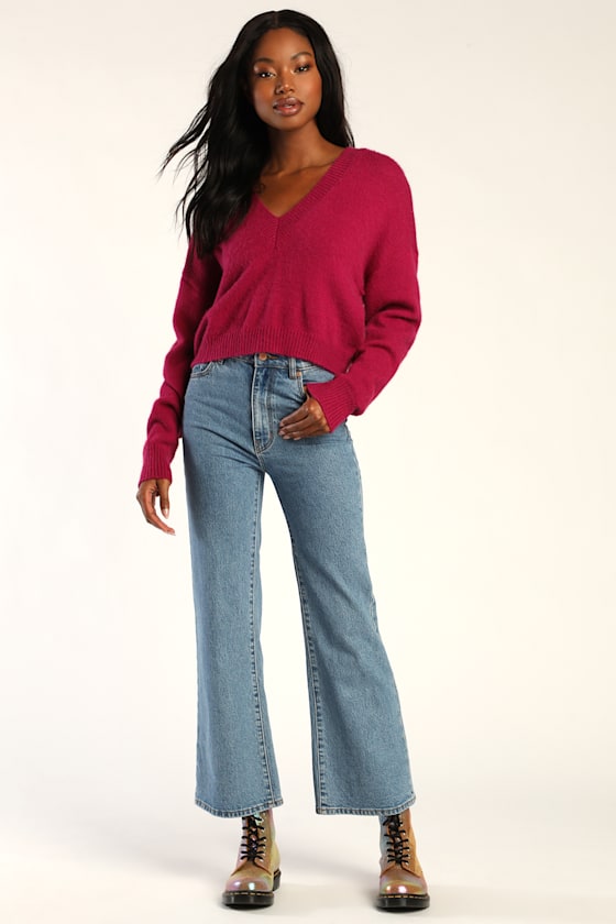 Magenta Sweater - Long Sleeve Sweater Top - V-Neck Sweater - Lulus